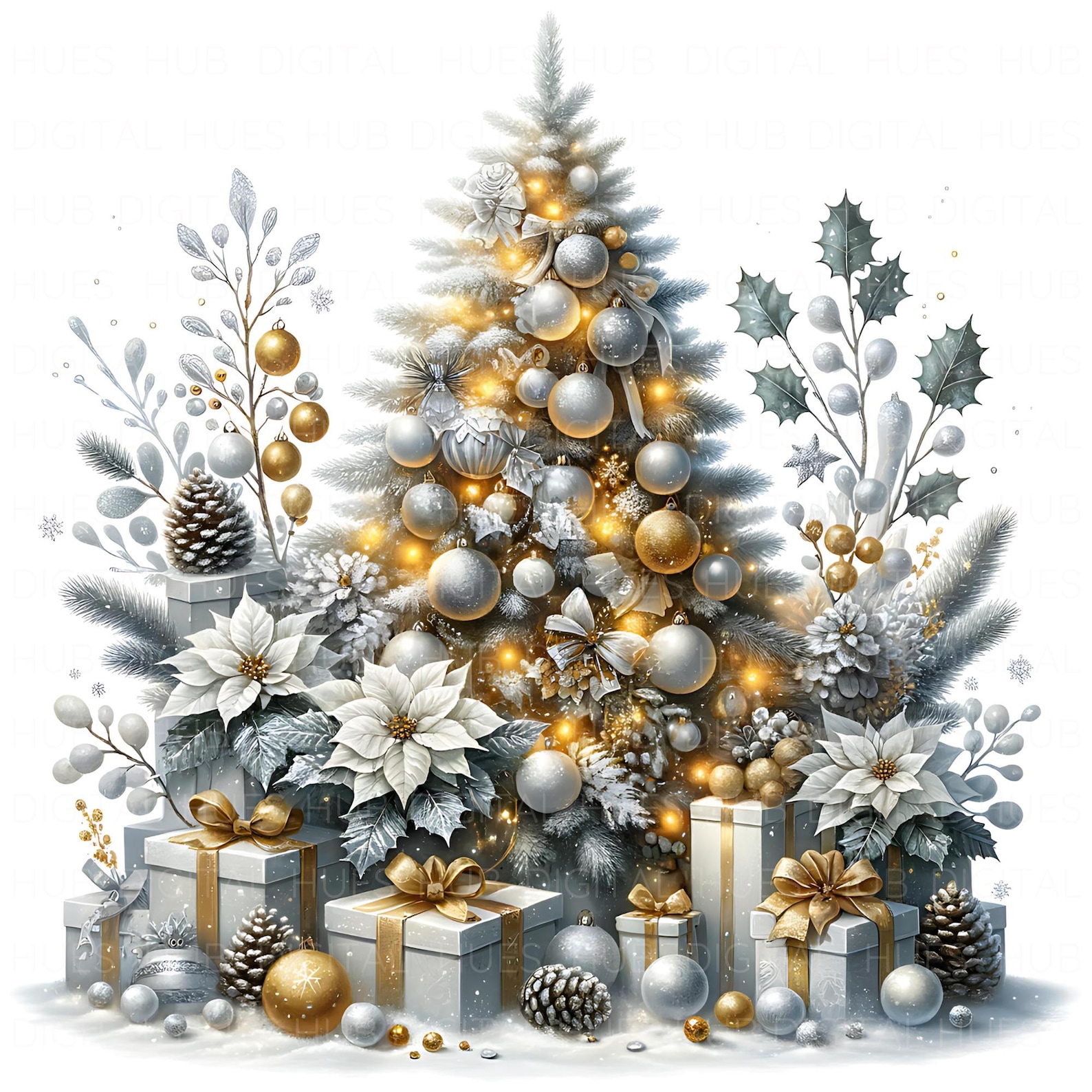 10 White Christmas Tree Clipart: Watercolor Holiday Tree With Ornaments ...