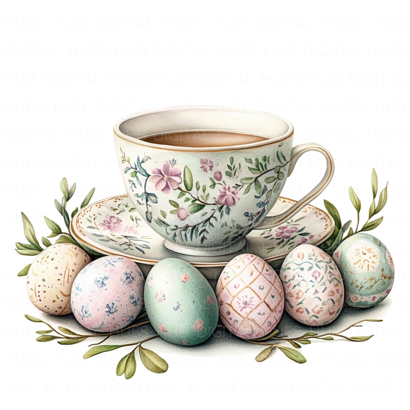 15 Festive Easter Teacup Clipart Watercolor Easter Eggs Cup Printable ...