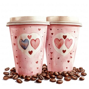 10 Pink Valentine Coffee Cups Clipart Watercolor Coffee Lover Printable ...
