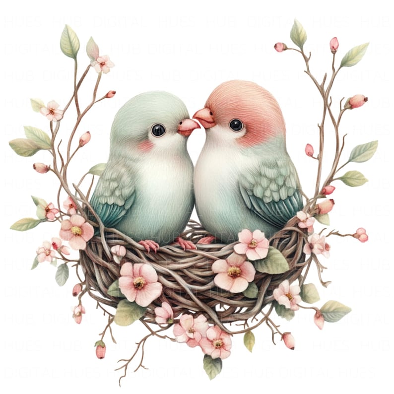 11 Romantic Bird Couple Clipart Watercolor Love Birds Nest Printable ...