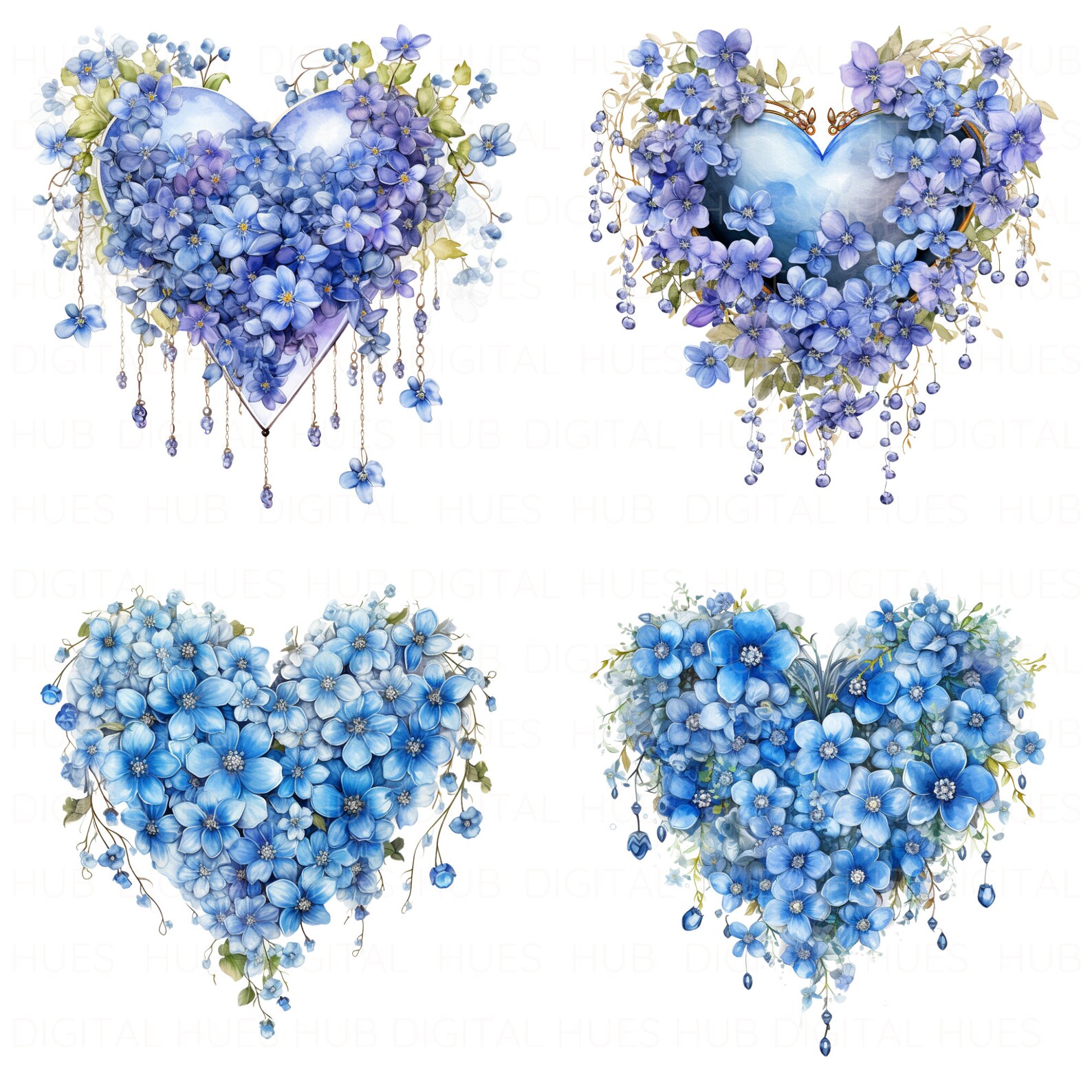 17 Forget Me Not Heart Clipart Bundle Printable Floral Heart Clipart ...