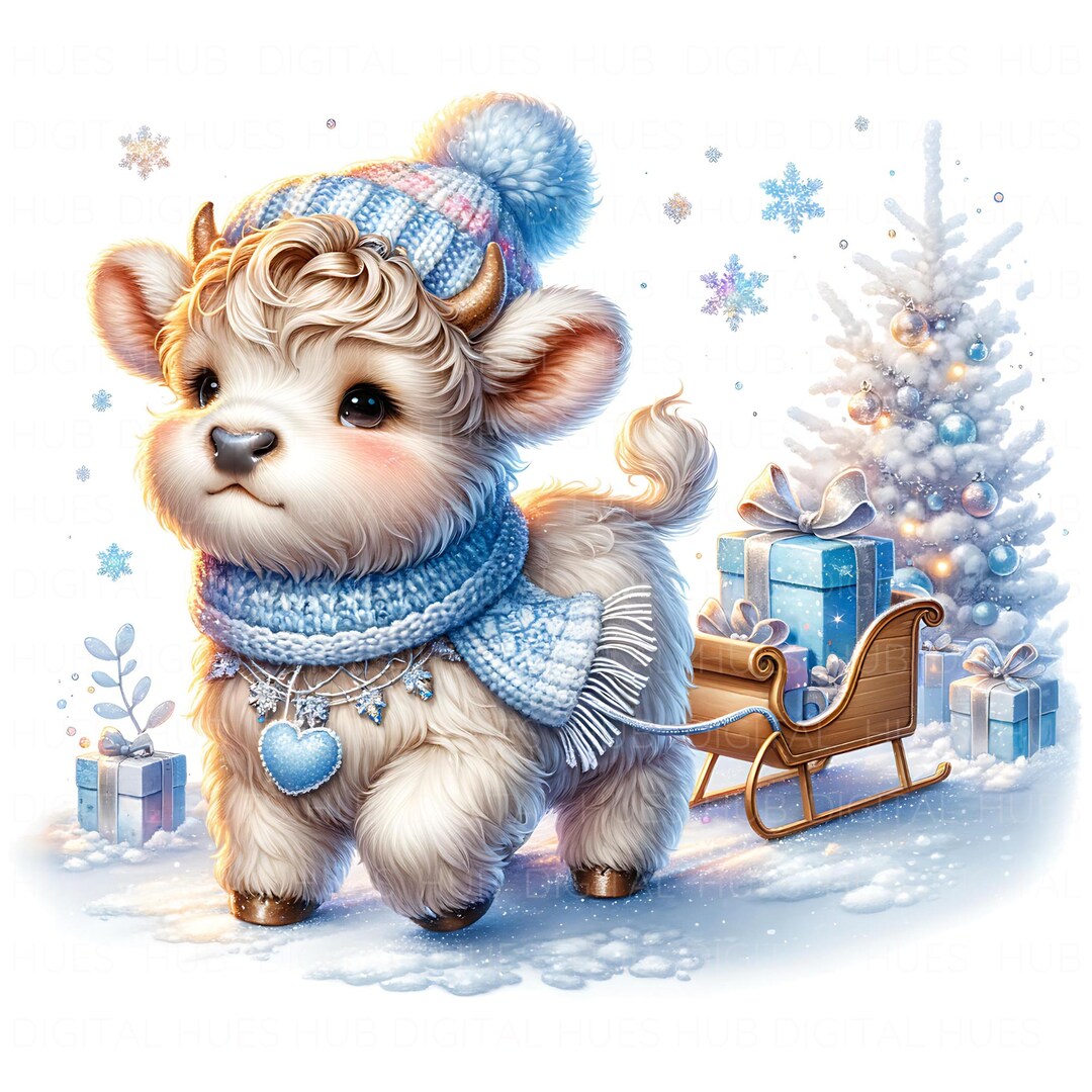 14 Blue Christmas Highland Cow Clipart: Watercolor Festive Farm Animal ...