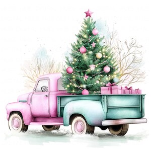 13 Christmas Tree Truck Clipart Watercolor Colorful Holiday Pickup ...