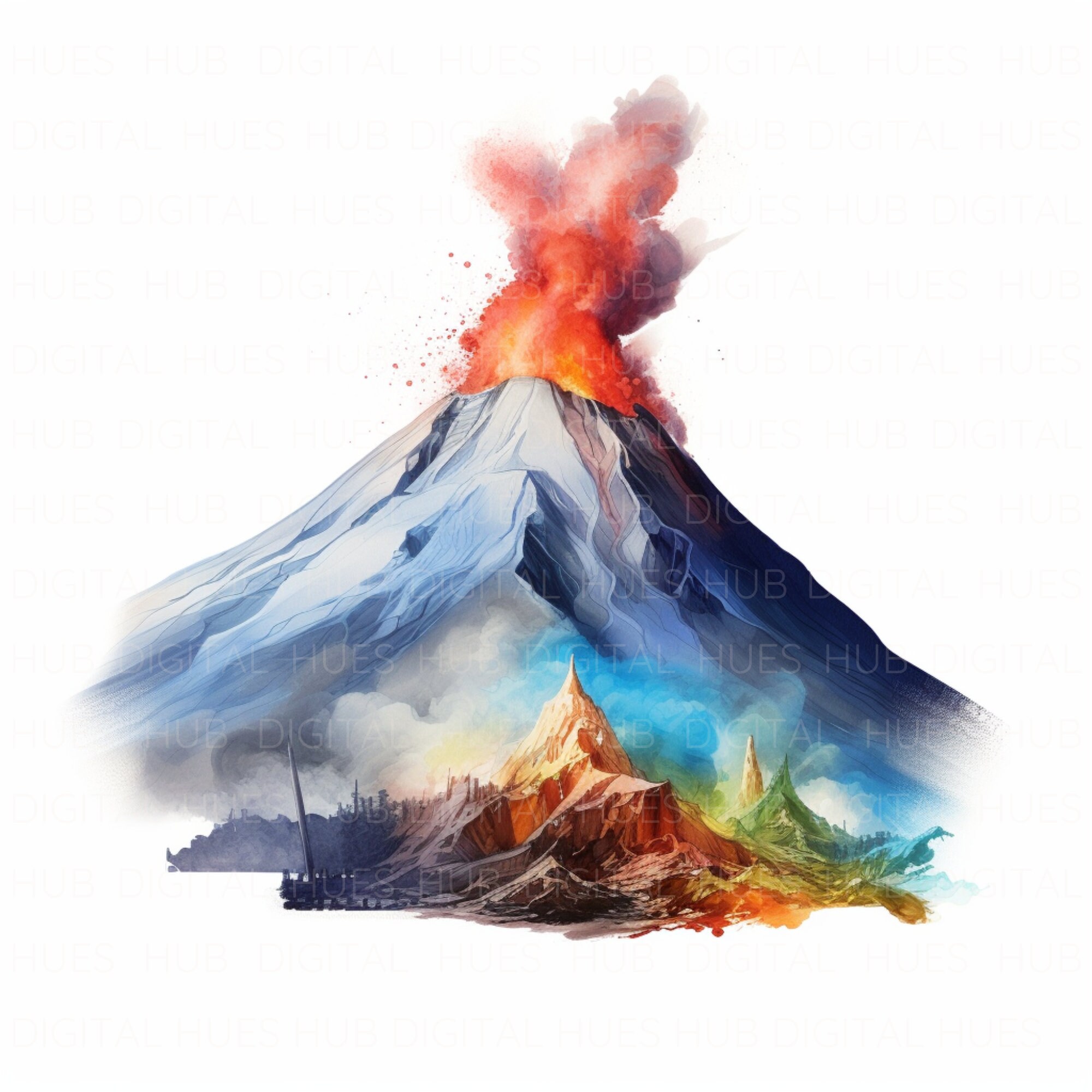 18 Volcano Clipart Bundle Set 1 Watercolor Erupting Volcano Clipart ...