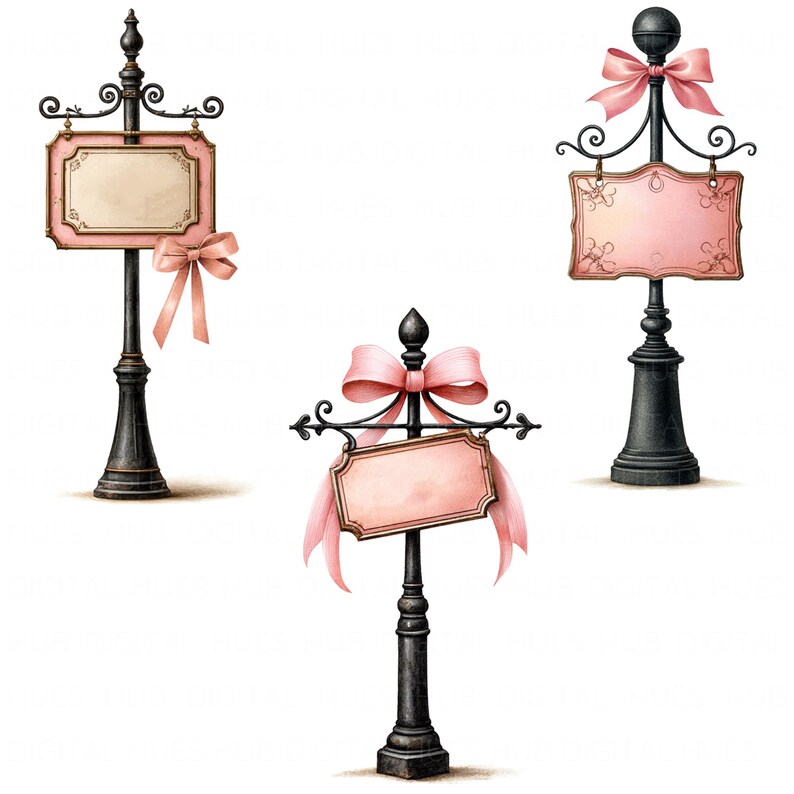 11 Pink Hanging Sign Clipart Watercolor Vintage Wrought Iron Road Sign ...