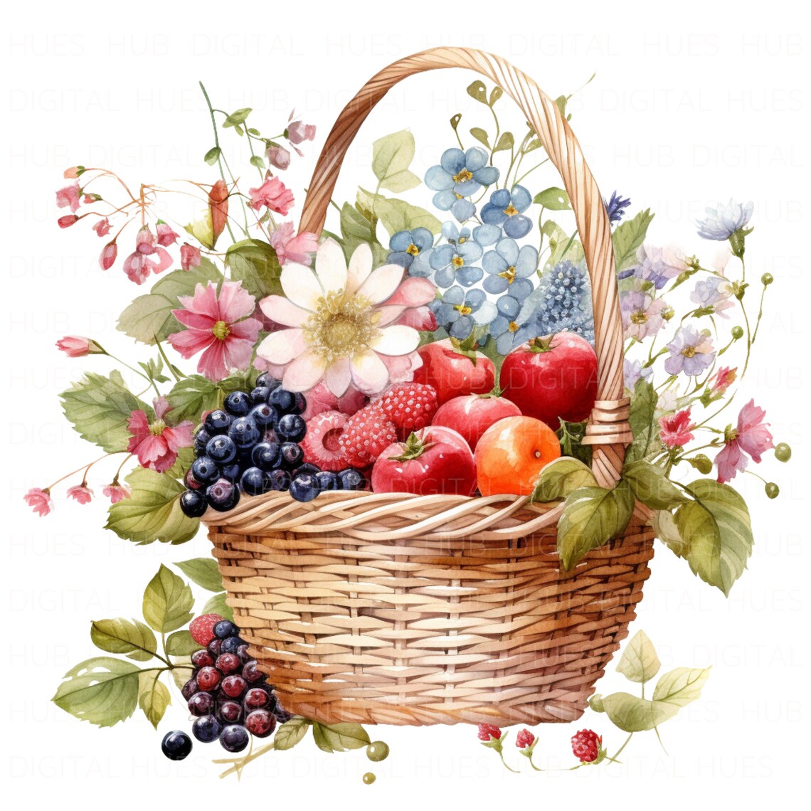 19 Floral Wicker Basket Clipart Bundle Watercolor Fruit Wicker Basket ...