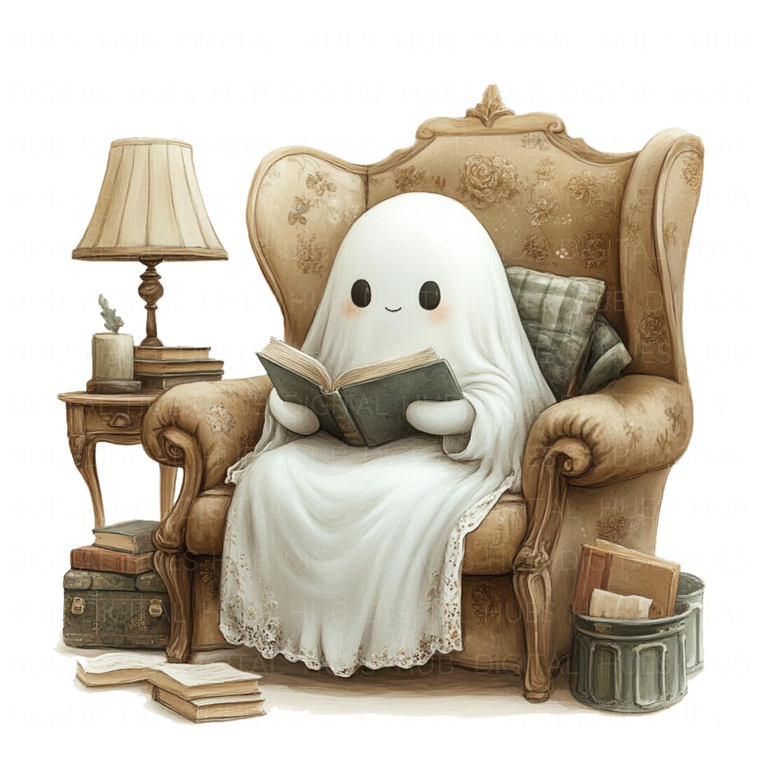 13 Cute Ghost Reading Book in Armchair Clipart Watercolor Kawaii Ghost ...