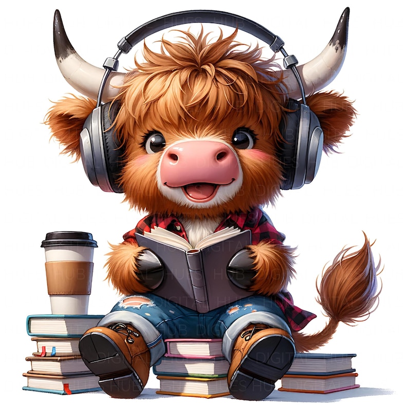 10 Highland Cow Coffee and Book Clipart Watercolor Coffee Addict Cute ...