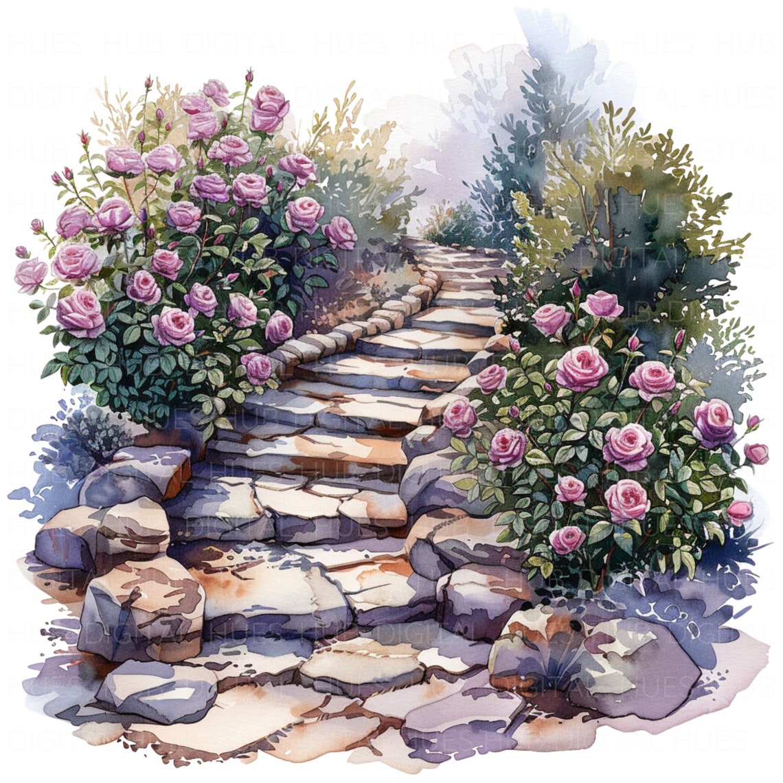 12 Rose Garden Stone Path Clipart Bundle Watercolor Stone Stairs ...