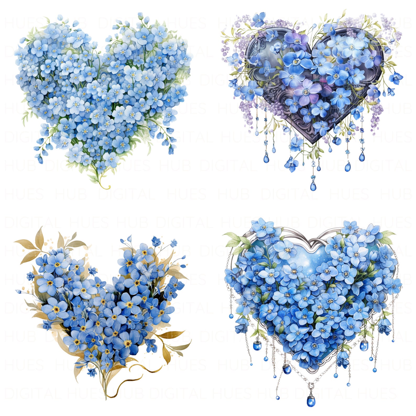17 Forget Me Not Heart Clipart Bundle Printable Floral Heart Clipart ...
