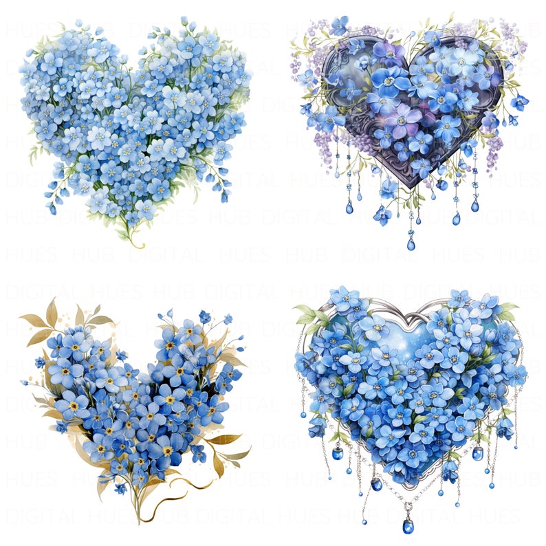 17 Forget Me Not Heart Clipart Bundle Printable Floral Heart Clipart ...