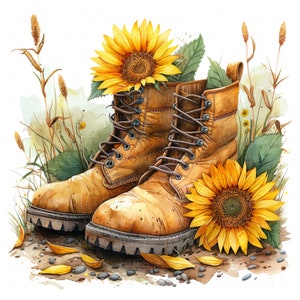 10 Sunflowers in Old Boots Clipart Watercolor Floral Garden Boots ...