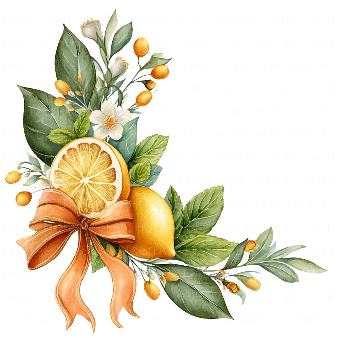 12 Summer Lemon Clipart Watercolor Lemon Ribbon Bow Citrus Fruit Yellow ...