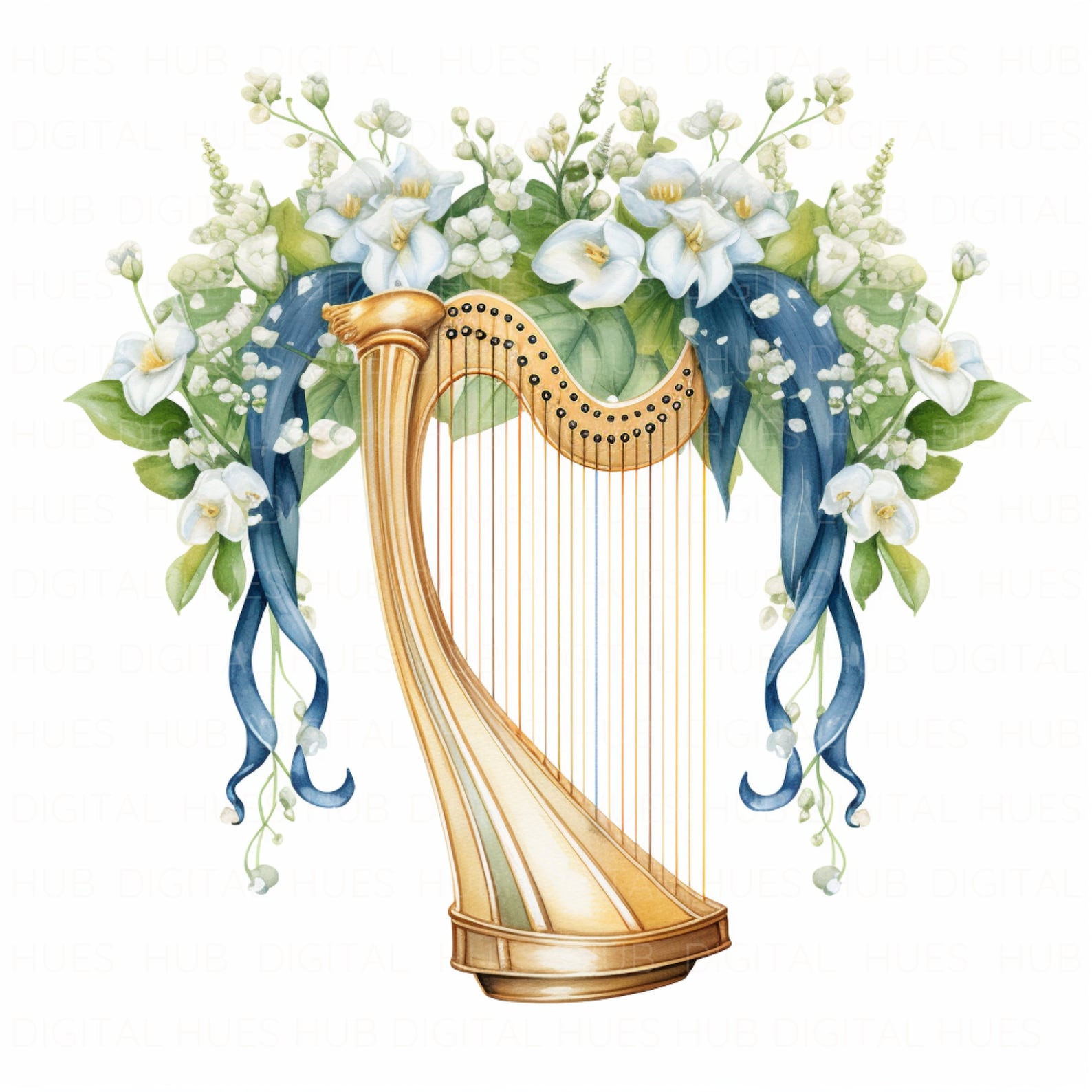 12 Watercolor Floral Harp Clipart Bundle Magic Lyre Printable High ...