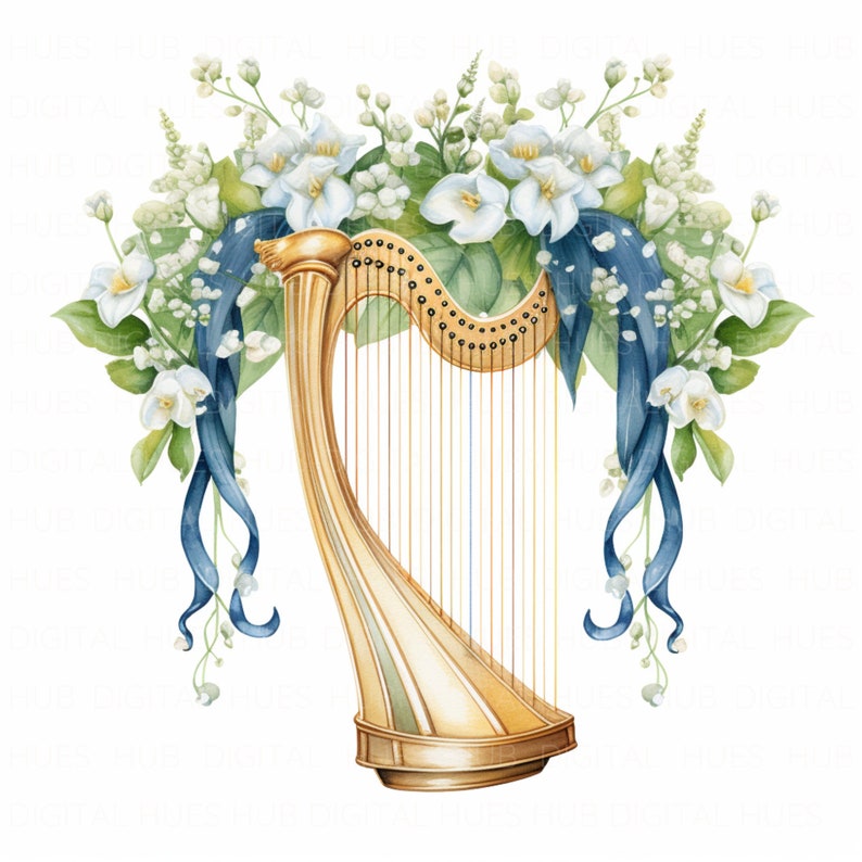 12 Watercolor Floral Harp Clipart Bundle Magic Lyre Printable High ...