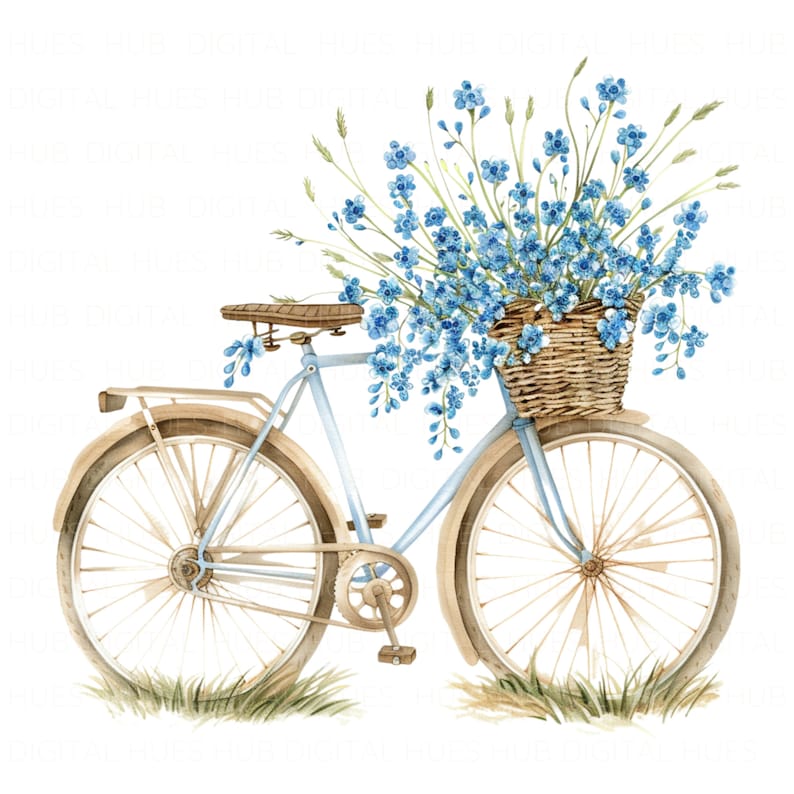 10 Floral Bicycle Clipart Bundle Watercolor Forget Me Not Printable ...
