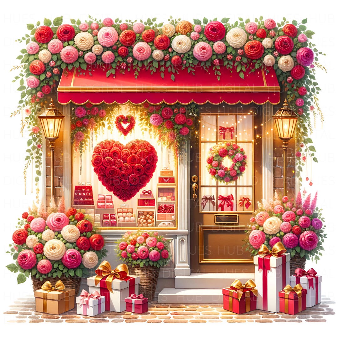 18 Valentine Shop Clipart: Watercolor Pink Storefront JPG, Romantic ...