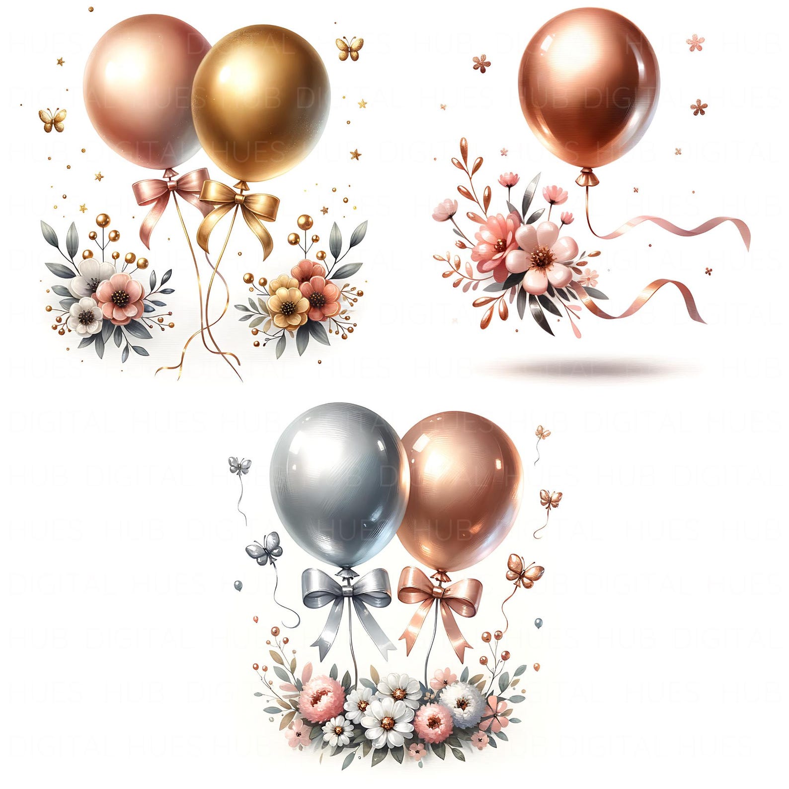 14 Golden Silver Balloon Clipart Party Balloons Floral Balloons ...