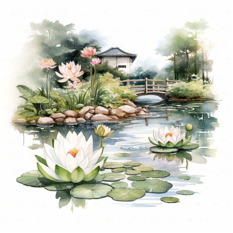 10 Backyard Pond Clipart Bundle Watercolor Garden Lotus Pond Clipart ...