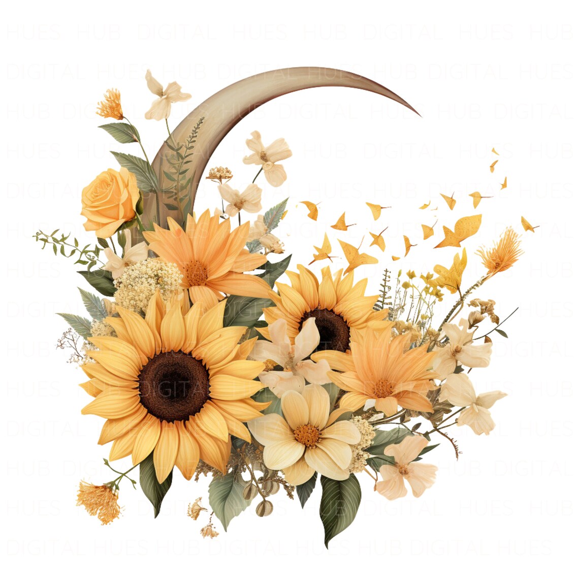 14 Sunflower Moon Clipart Watercolor Floral Moon Nursery Bedroom Art ...