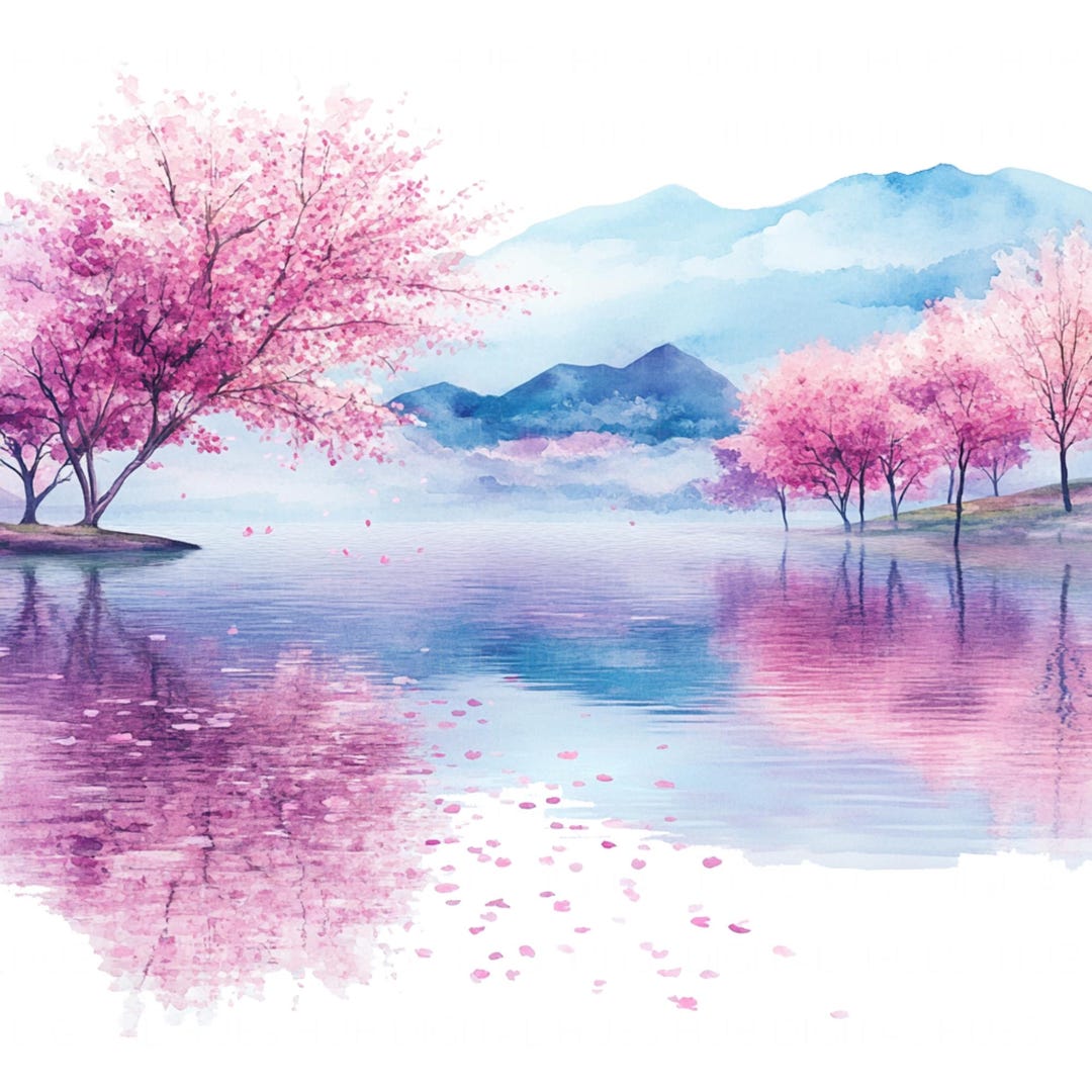 13 Cherry Blossom Landscape Clipart Watercolor Beautiful Scenery Spring ...