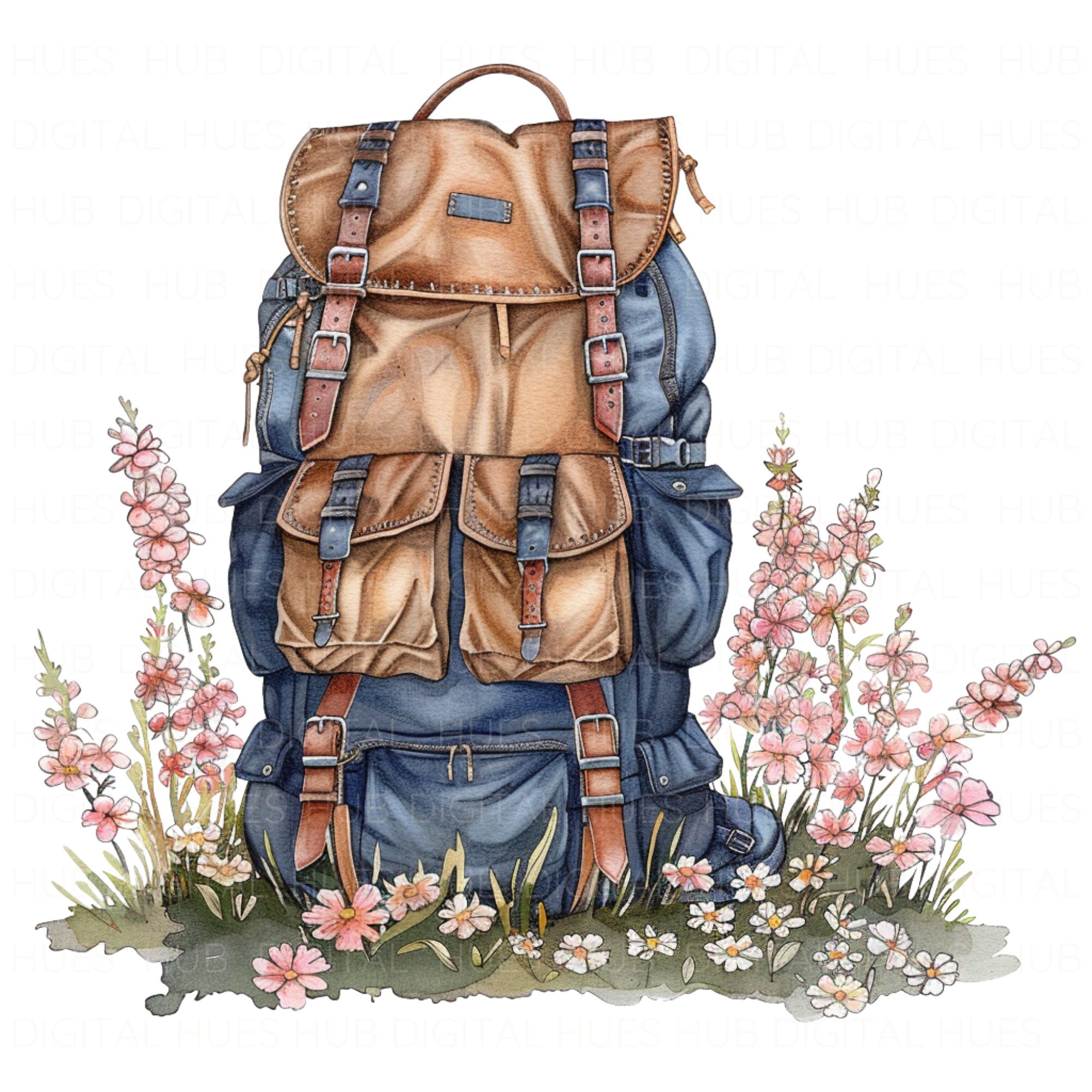 10 Trekking Backpack on Wildgrass Clipart Bundle Watercolor Backpack ...