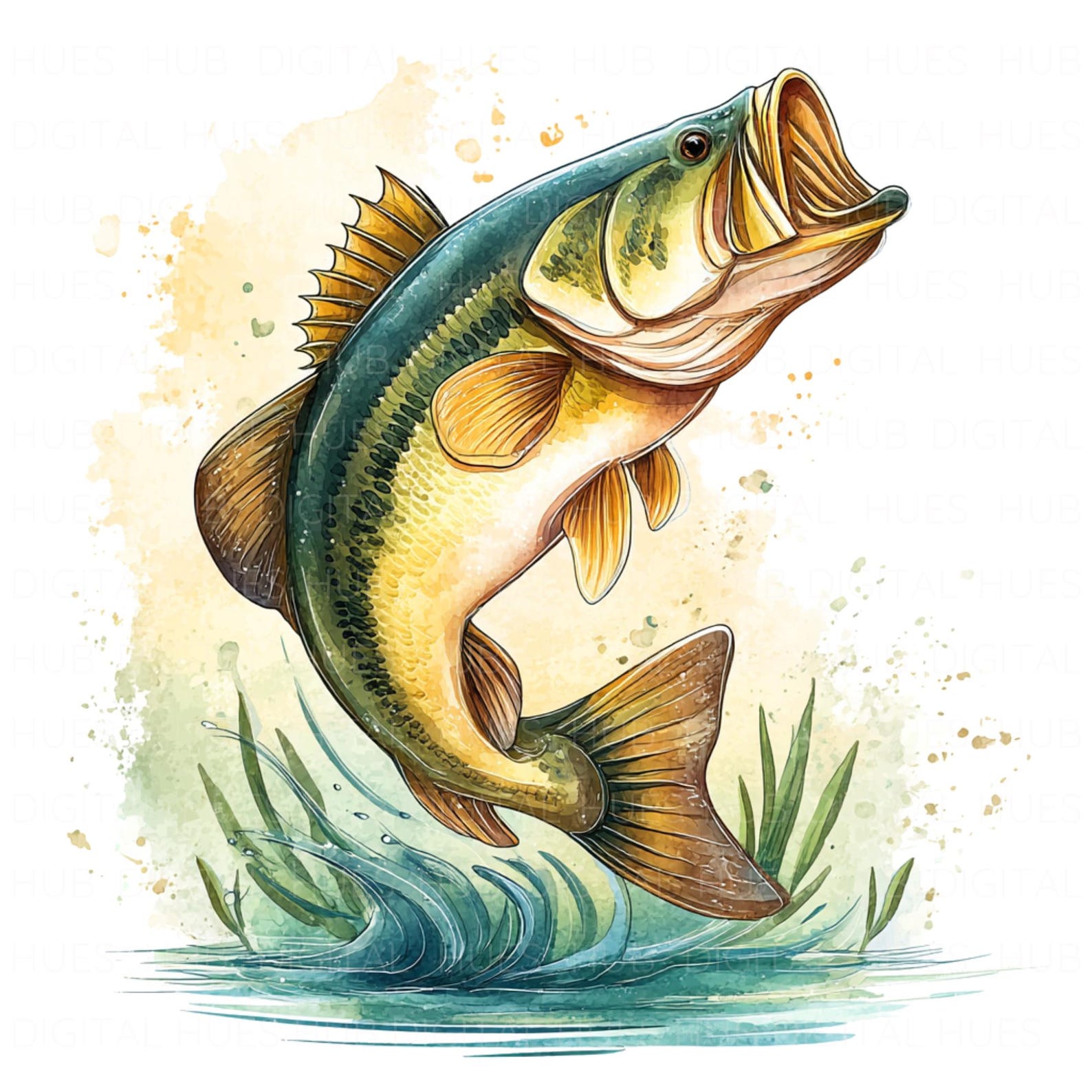 10 Jumping Bass Fish Clipart Watercolor Bass Fish Design Fishing ...