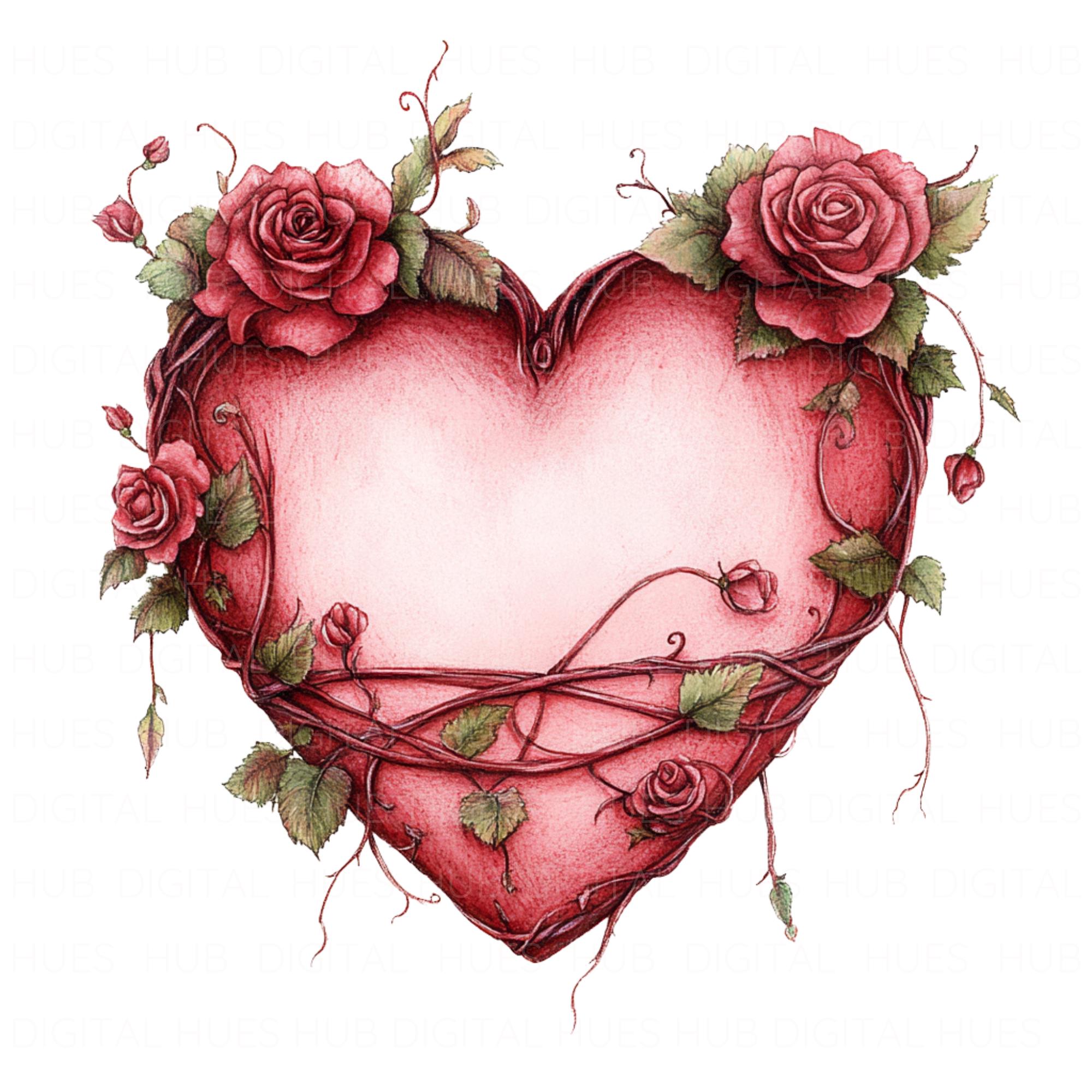 11 Red Rose Heart Clipart Watercolor Printable Floral Heart High ...