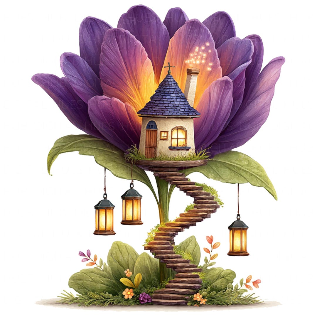 19 Flower Fairy House Clipart Watercolor Purple Flower Whimsical Fairy ...