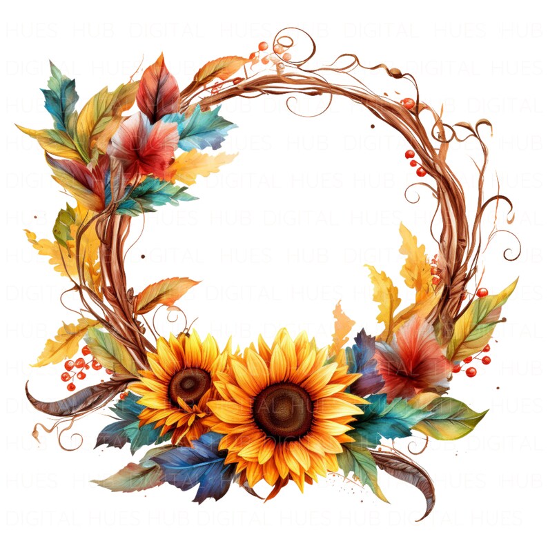 16 Sunflower Wreath Set2 Clipart Bundle Watercolor Floral Wreath ...