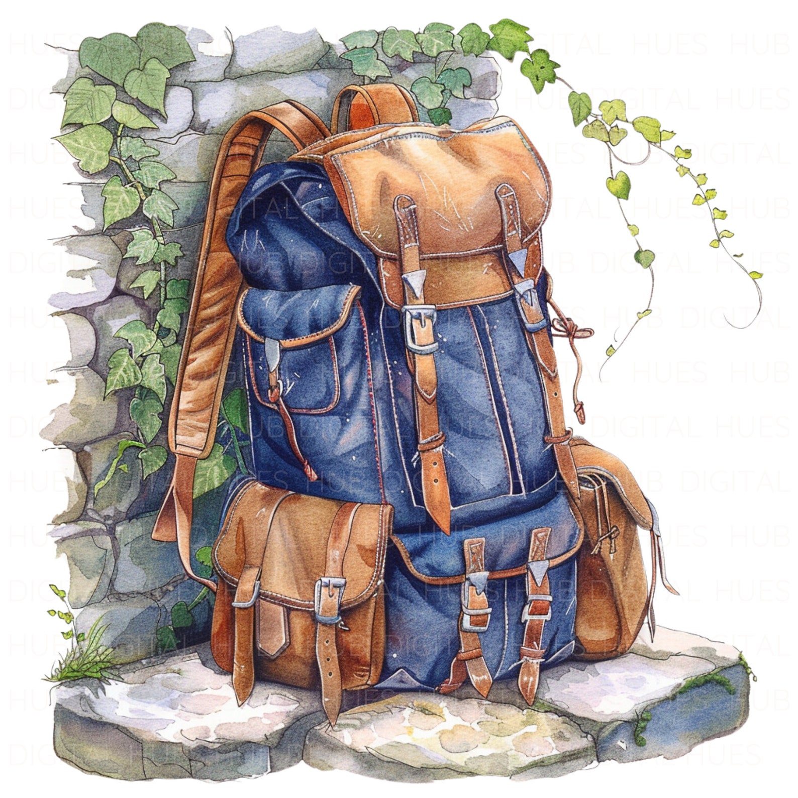 10 Trekking Backpack Clipart Bundle Watercolor Hiking Backpack Sticker ...