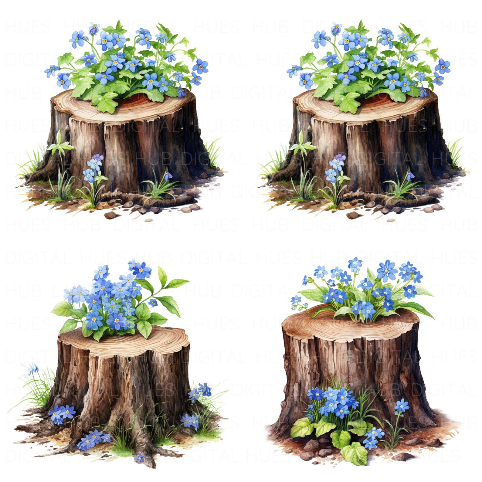 15 Floral Tree Stump Clipart Bundle Watercolor Forget Me Not Printable ...