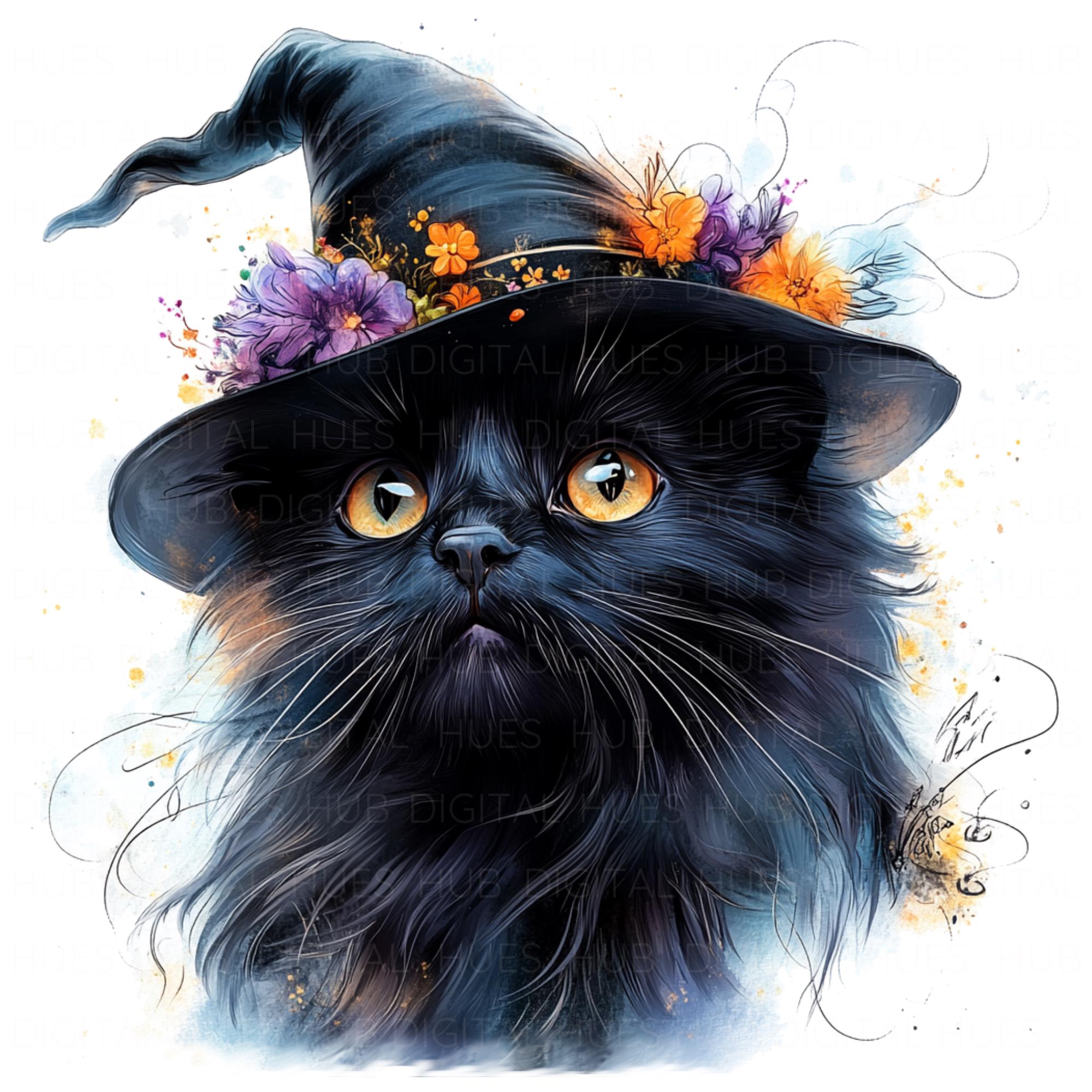 12 Halloween Cat Clipart Watercolor Black Cat With Witch Hat Clipart ...