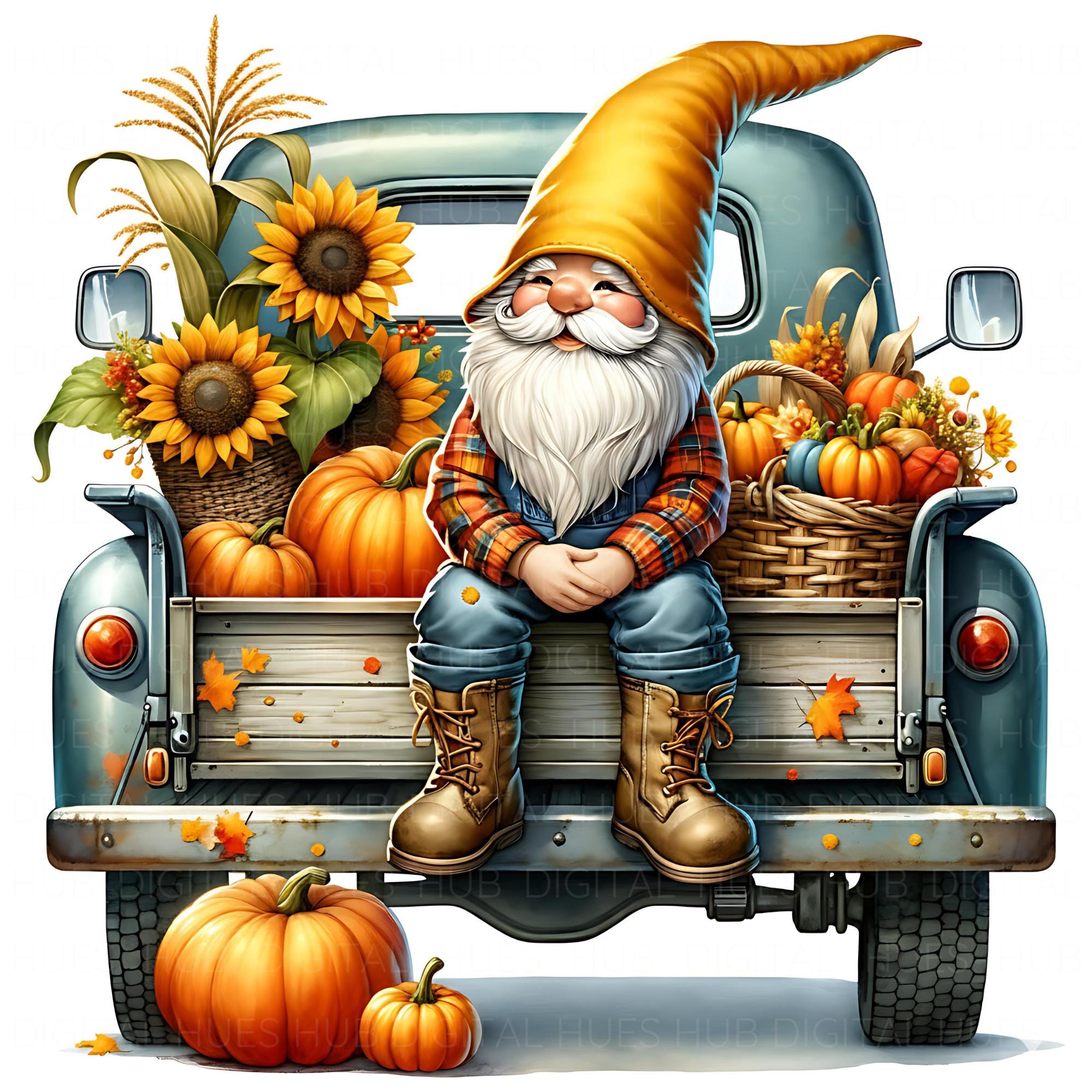 12 Fall Gnome Truck Clipart: Watercolor Autumn Harvest Pumpkins ...