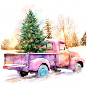 13 Christmas Tree Truck Clipart Watercolor Colorful Holiday Pickup ...