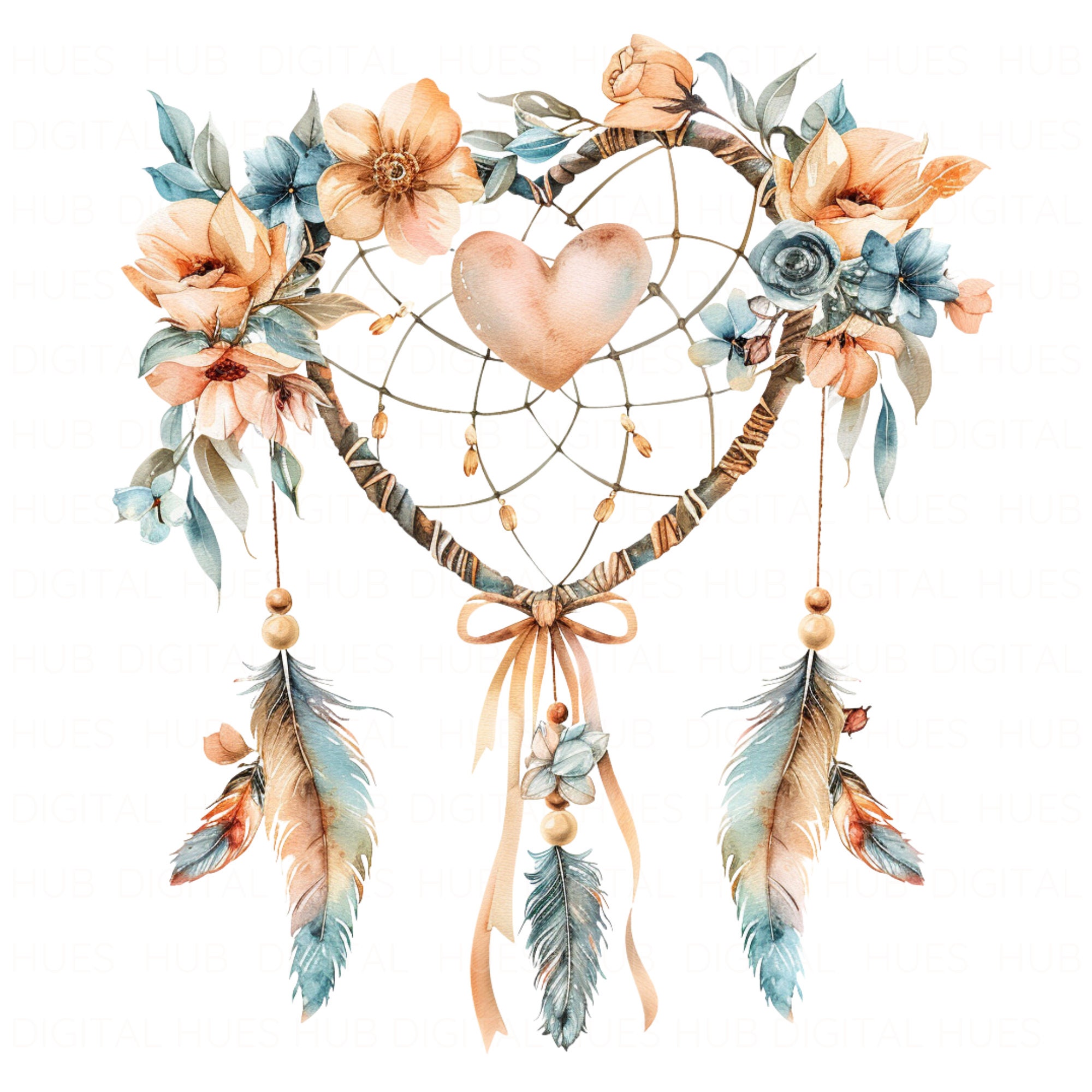 11 Heart Dream Catcher Clipart Watercolor Floral Dream Catcher ...