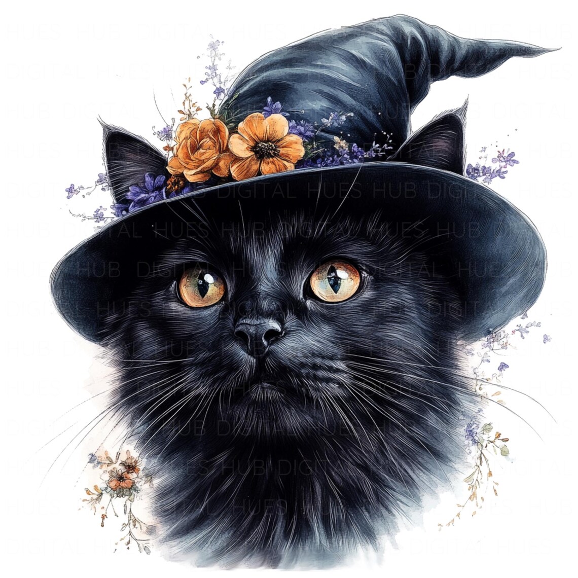 12 Halloween Cat Clipart Watercolor Black Cat With Witch Hat Clipart ...