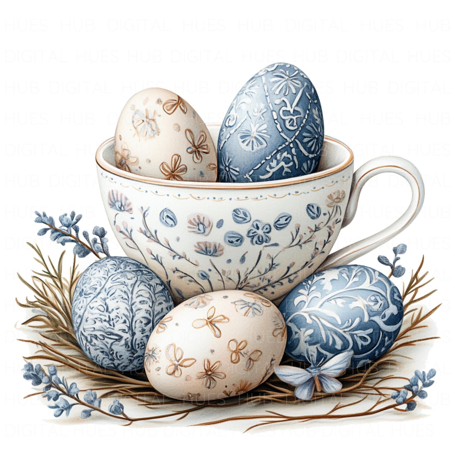 15 Festive Easter Teacup Clipart Watercolor Easter Eggs Cup Printable ...
