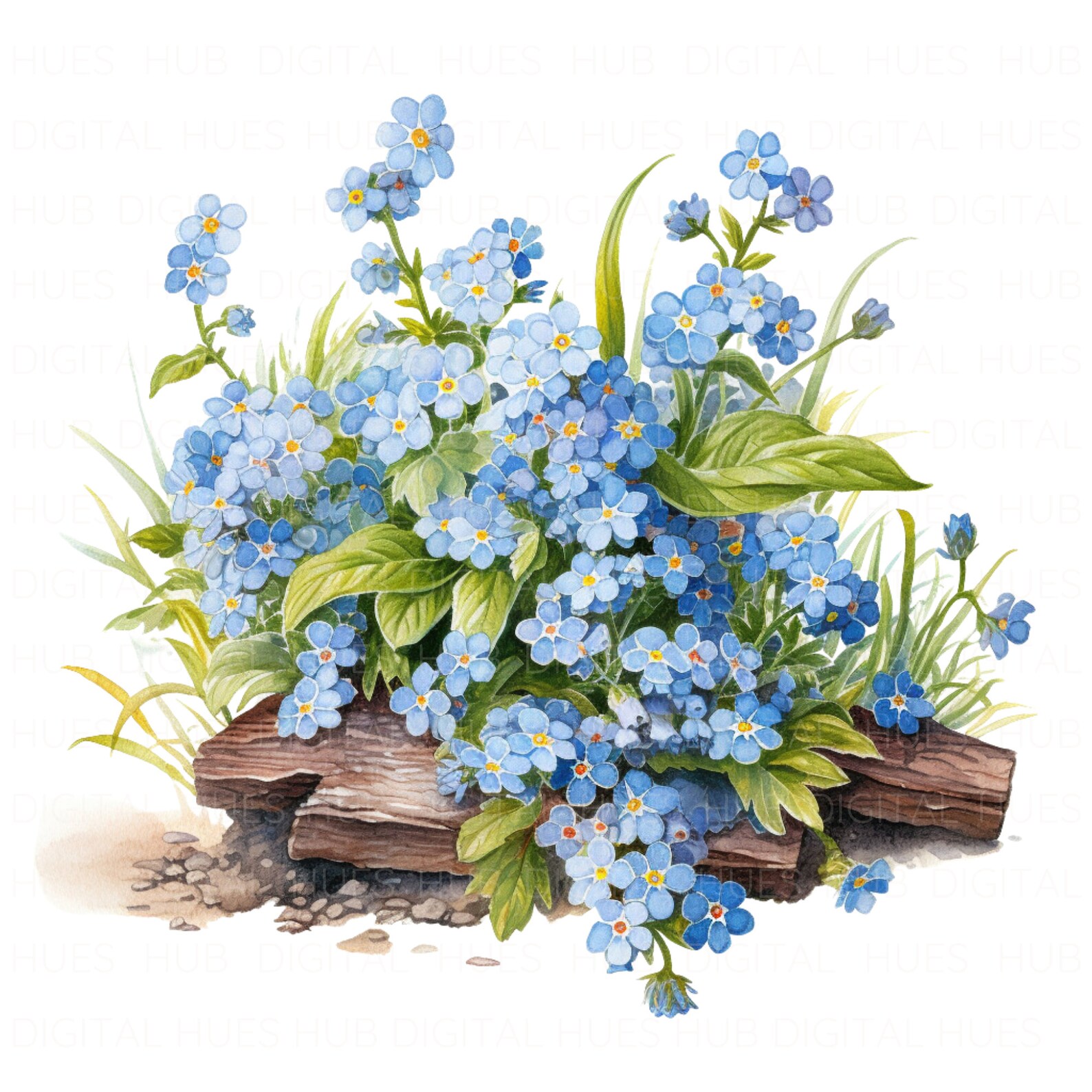 15 Forget Me Not on Log Clipart Bundle Watercolor Forget Me Not ...