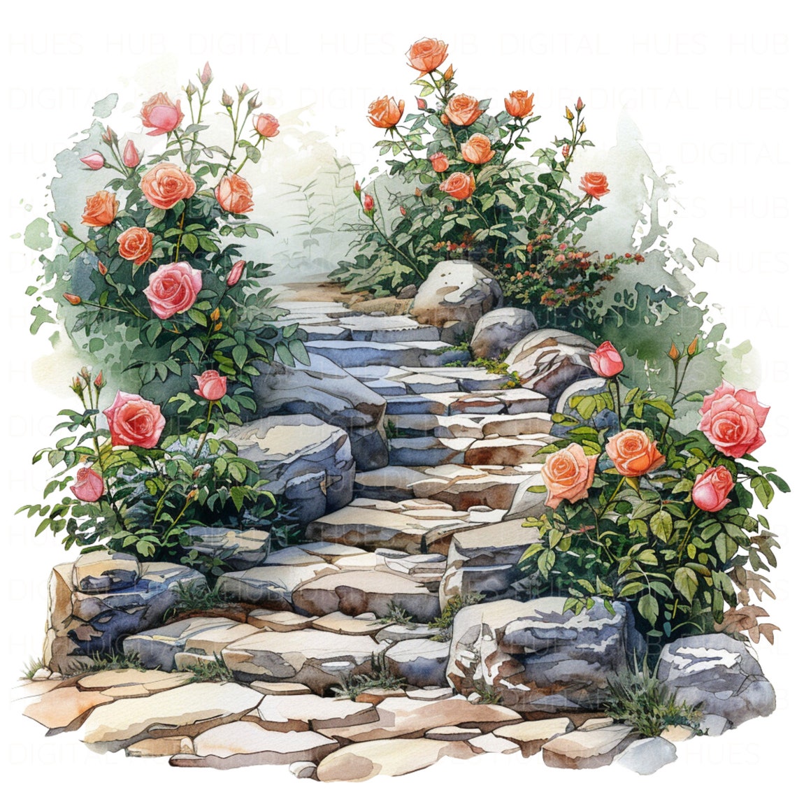 12 Rose Garden Stone Path Clipart Bundle Watercolor Stone Stairs ...