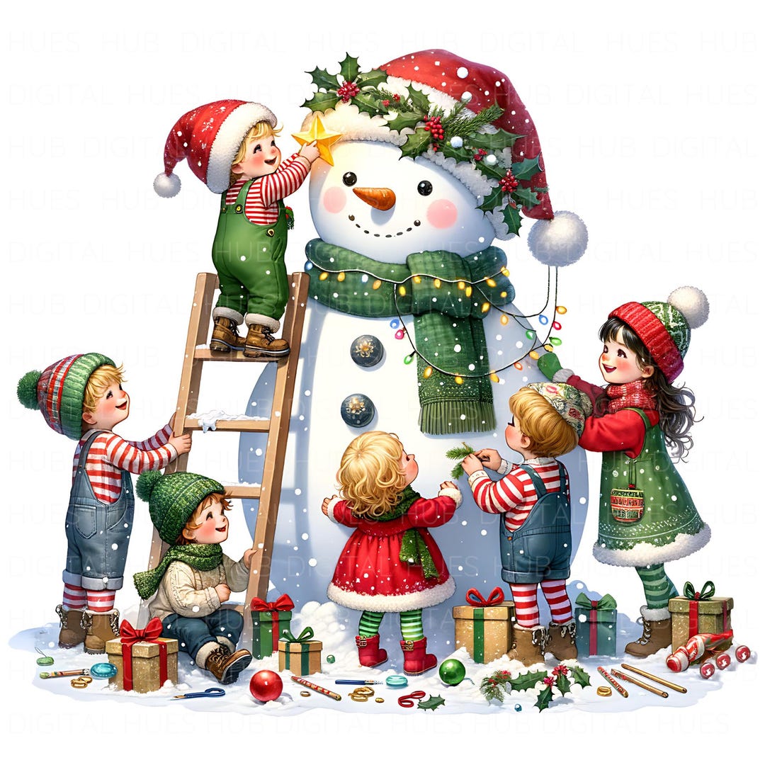 10 Kids and Snowman Clipart: Watercolor Kids in Winter JPEG, Festive ...