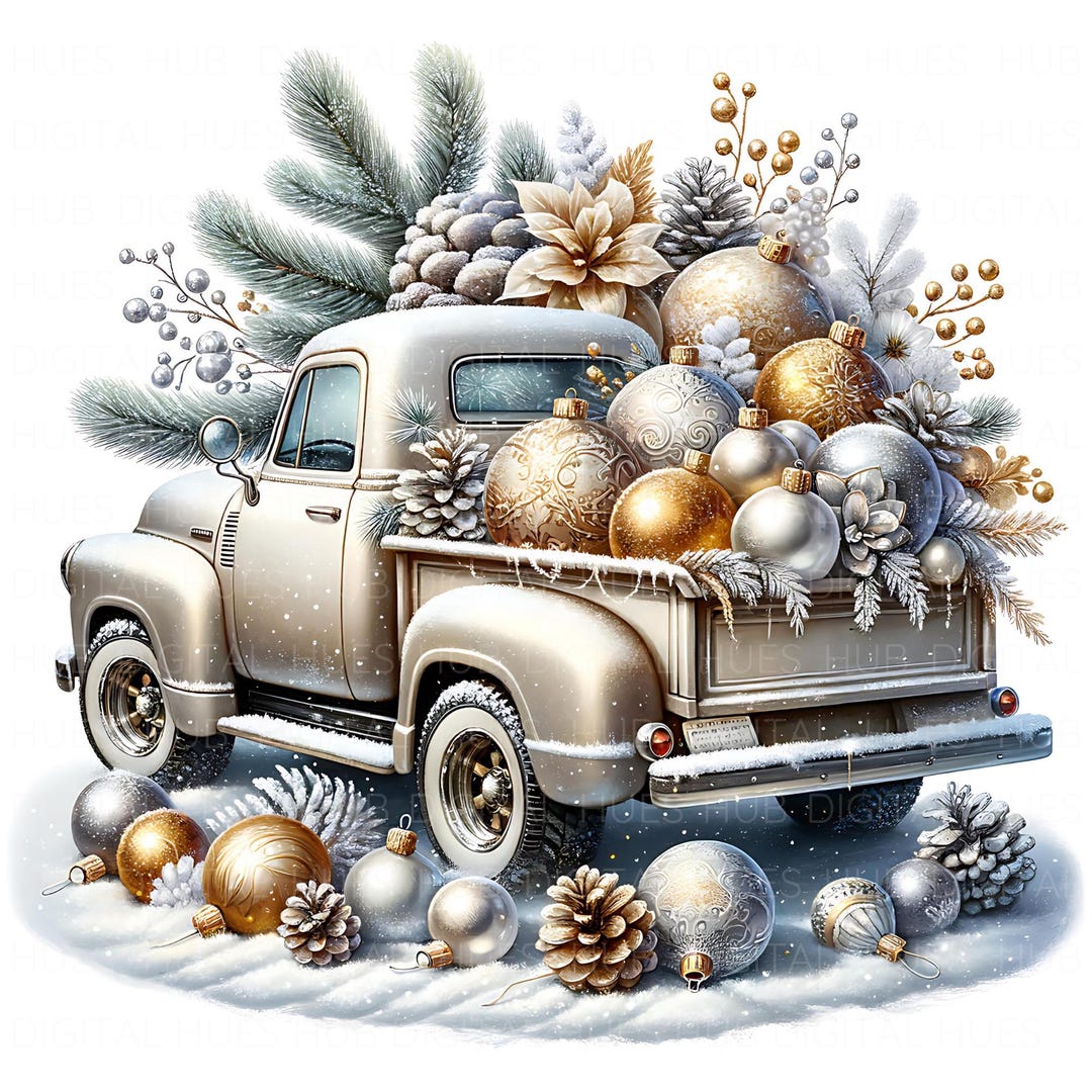 10 Vintage Christmas Truck Clipart: Watercolor White Farmhouse Holiday ...