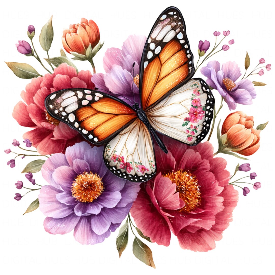 16 Butterfly in Flowers Clipart Watercolor Floral Monarch Butterfly ...