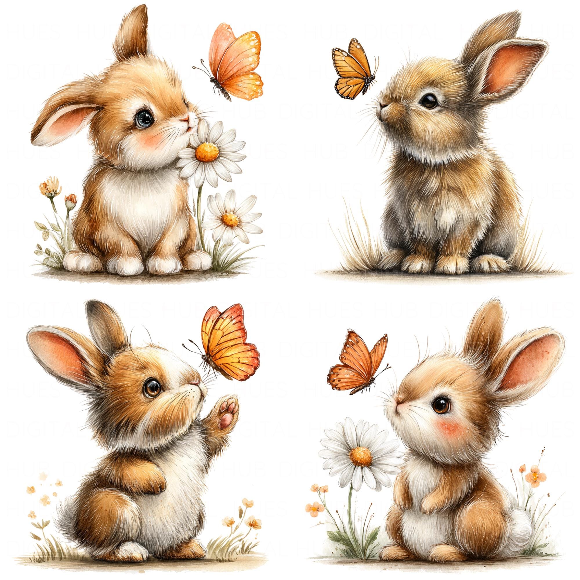 13 Bunny and Butterfly Clipart Watercolor Bunny for Nursery Printable ...