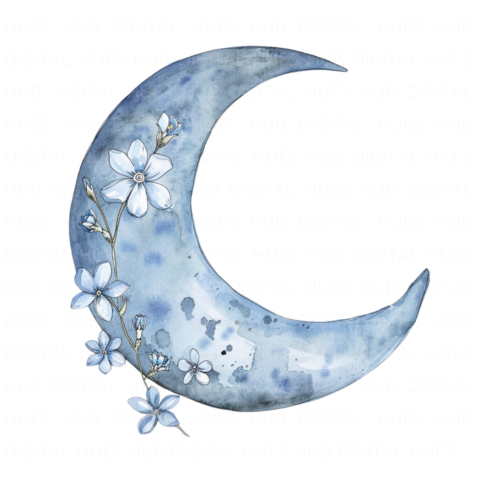 12 Floral Blue Moon Clipart Watercolor Forget Me Not Nursery Bedroom ...
