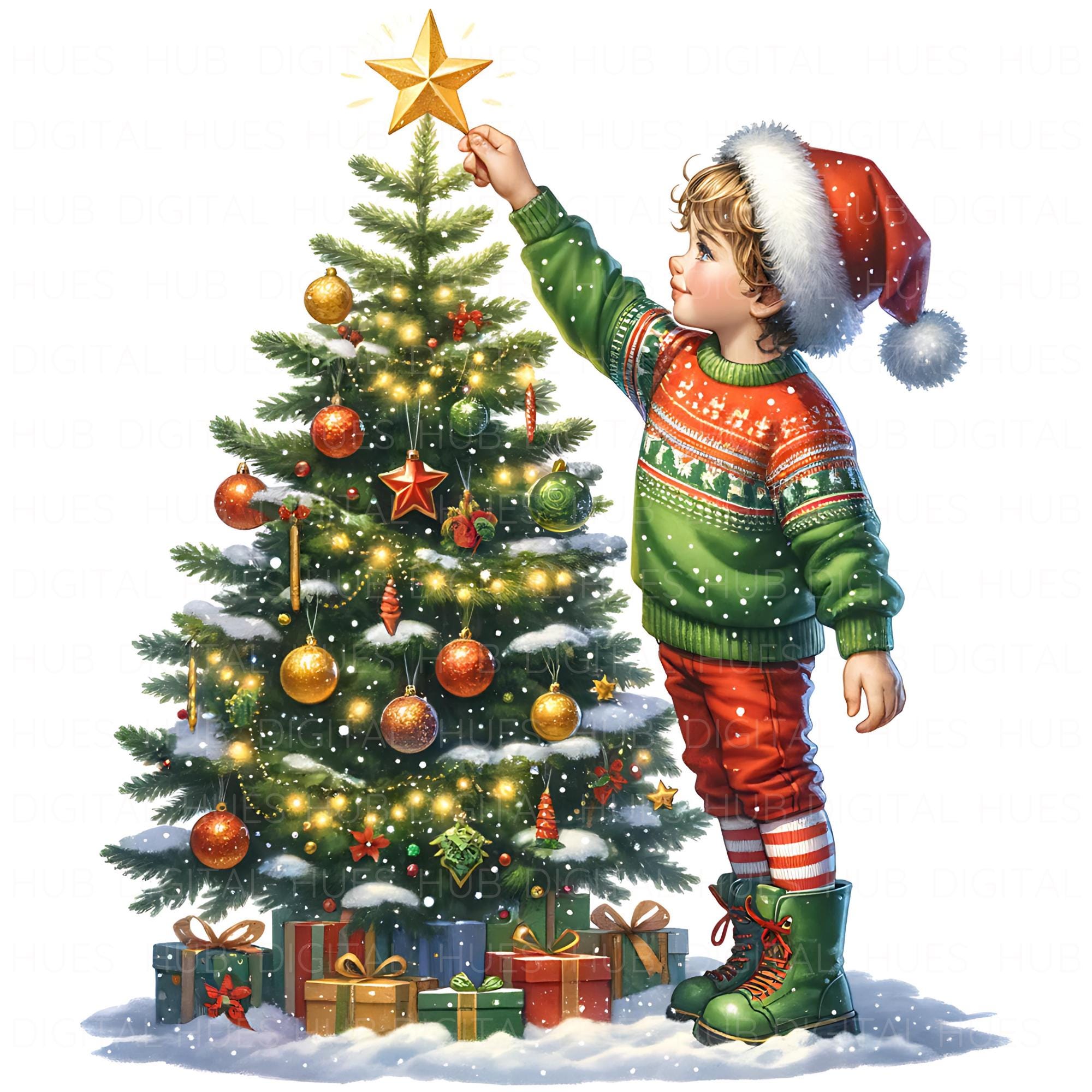 10 Christmas Kids Clipart: Watercolor Cute Children Decorating ...