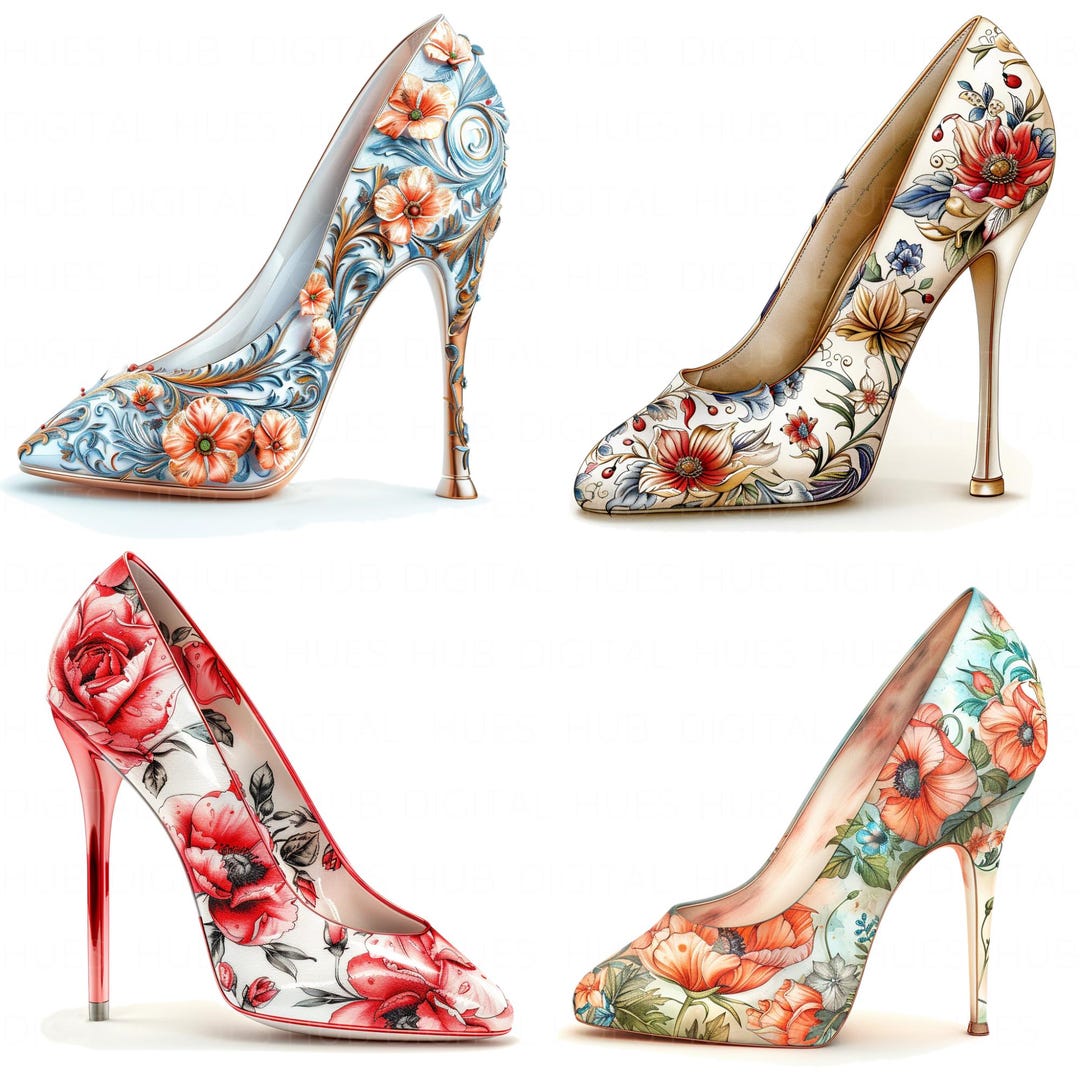 14 Floral Pattern Shoes Clipart Watercolor High Heels Cute Prom Shoes ...