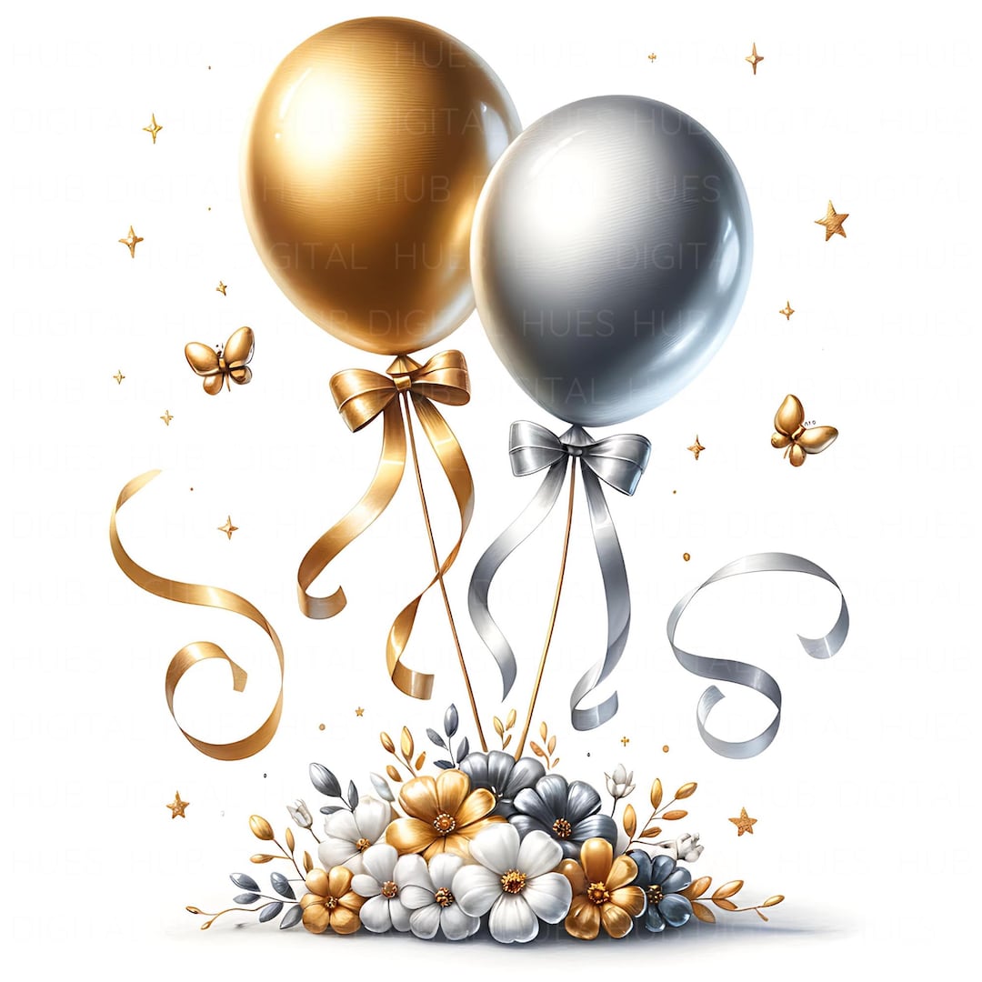 14 Golden Silver Balloon Clipart Party Balloons Floral Balloons ...