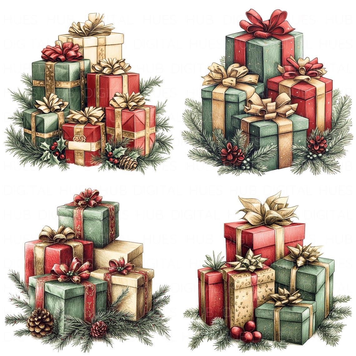 12 Christmas Gifts Clipart Watercolor Festive Holiday Wrapped Boxes ...