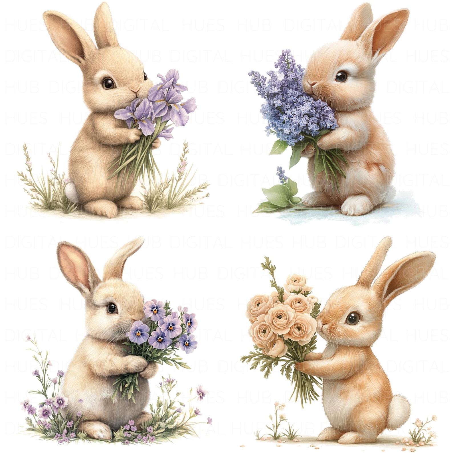 16 Bunny With Spring Flower Bouquet Clipart Watercolor Cute Bunny ...